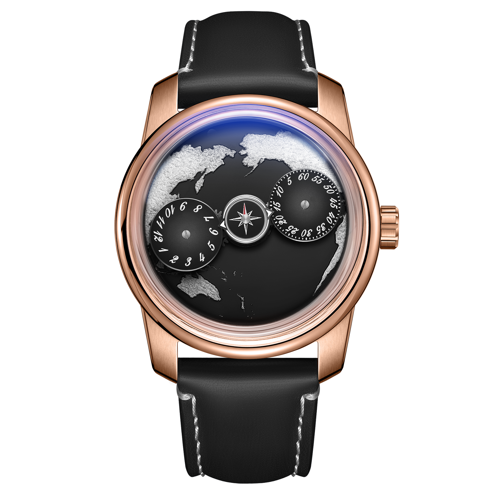 Black Pacific Ocean Maps Dial, Unique Flying Mechanical Automatic Watc