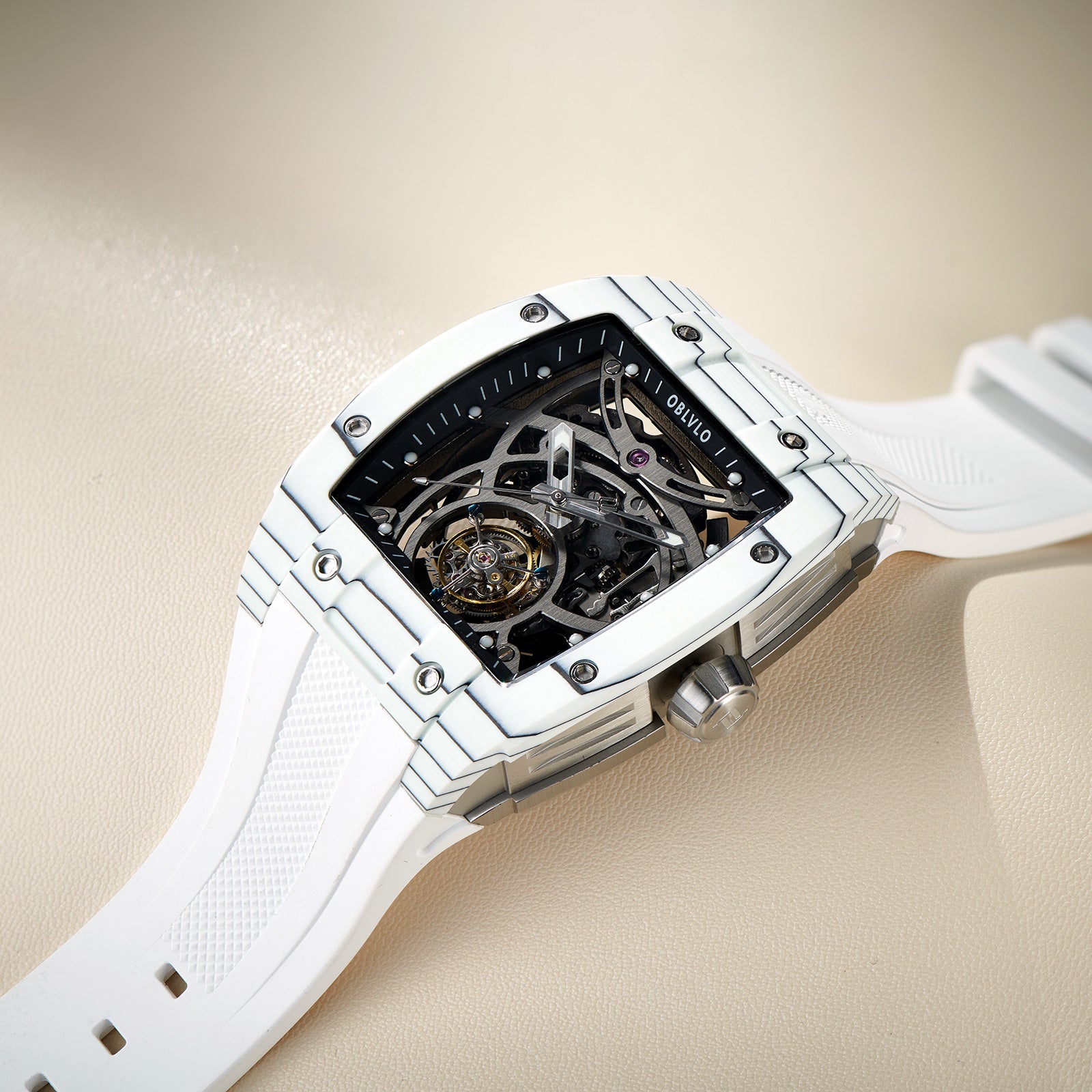 Luxury Skeleton Flying Tourbillon Watch - White Luminescent Carbon Fib ...