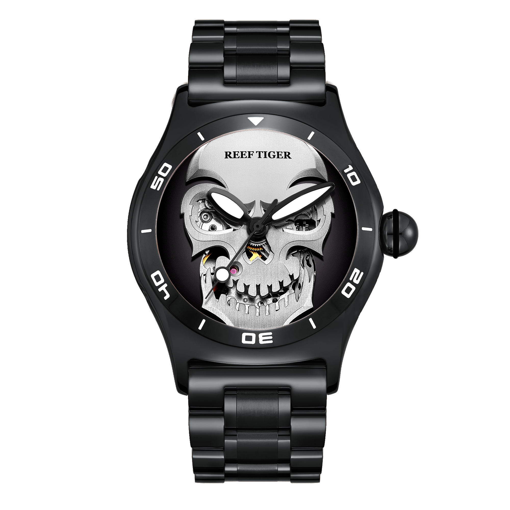Luxury Reef Tiger Aurora Skull Black PVD Automatic Mens Watch