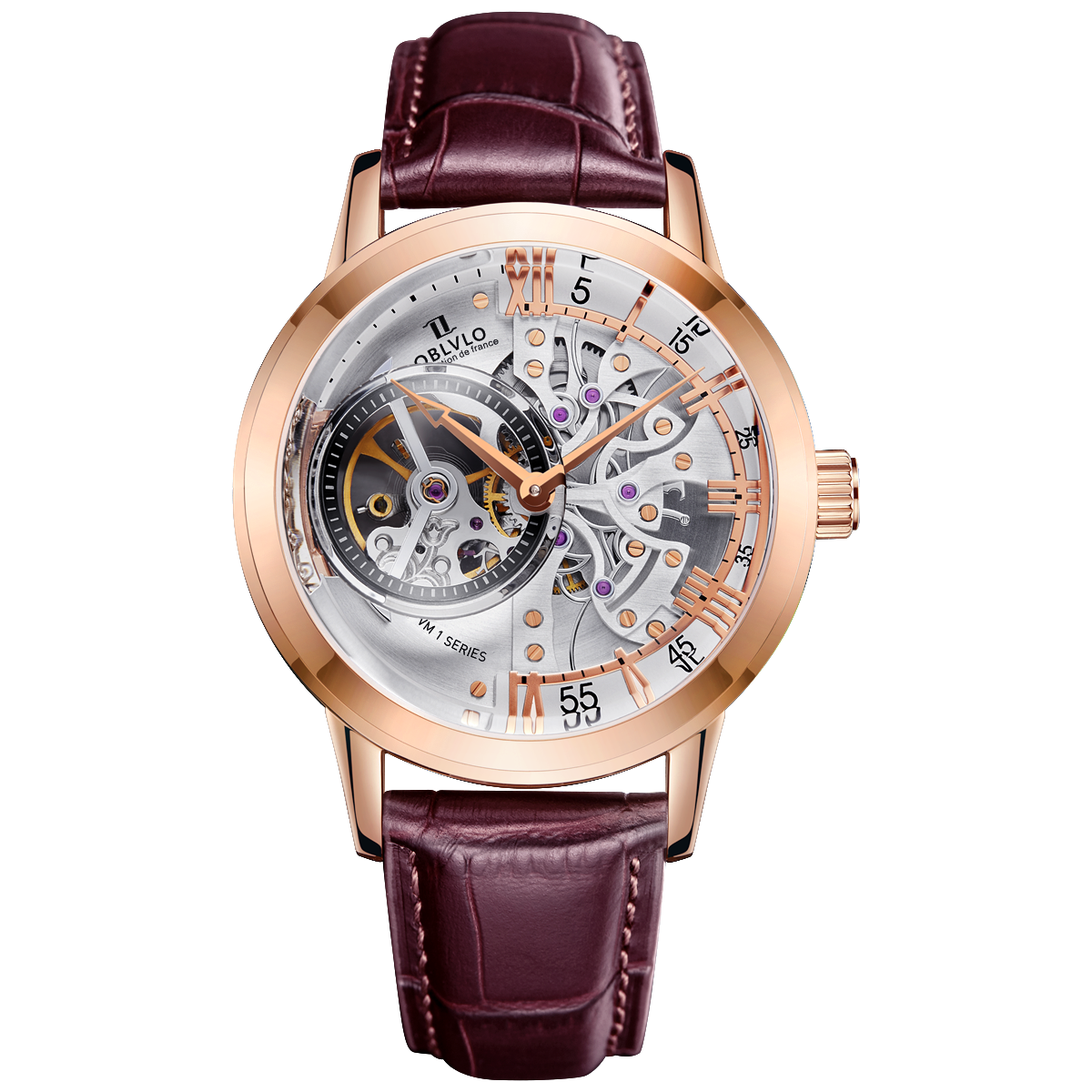 Oblvlo VM Series Rose Gold Mens Luxury Automatic Skeleton Watches For