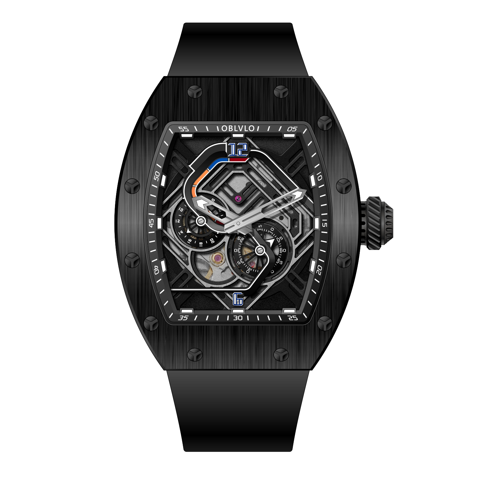 All Black OBLVLO XM-RACING Automatic Watch - 50M Waterproof Tonneau Lu
