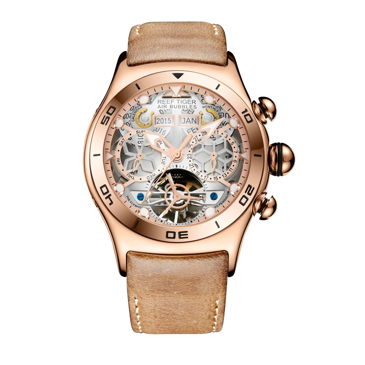 Reef Tiger Luxury Rose Gold Unique Automatic Skeleton Wrist Watch for